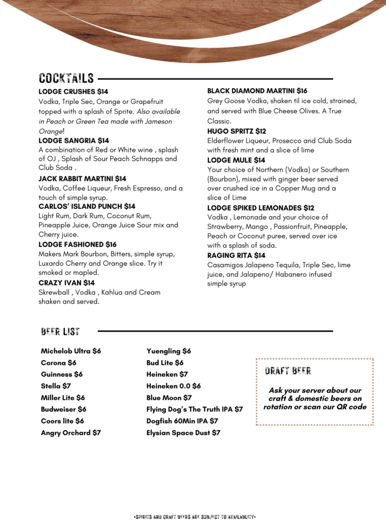 Menu - The Clarks Lodge